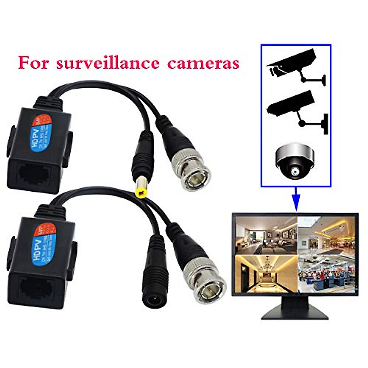 zdyCGTime Balun HD Cat5 RJ45 to BNC Video Baluns transceiver Passive with Power Connector for 720P 1080P 3MP 4MP 5MP 8MP HD-CVI/TVI/AHD/CVBS/960H Camera(2 Pairs)