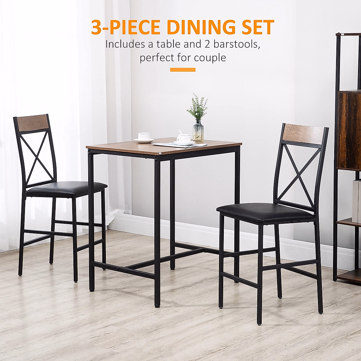 HOMCOM 3 Piece Bar Table and Chairs Set, Dining Table Set with PU Padded Stools and Steel Frame for Kitchen, Small Spaces, Brown