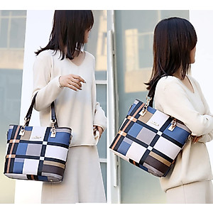 6-Pcs Handbags Set for Women Faux Leather Tote Bag Fashion Top-Handle Handbag Shoulder Bags Crossbody Totes Satchel Purses & Wristlet Wallet Purse Set-Blue