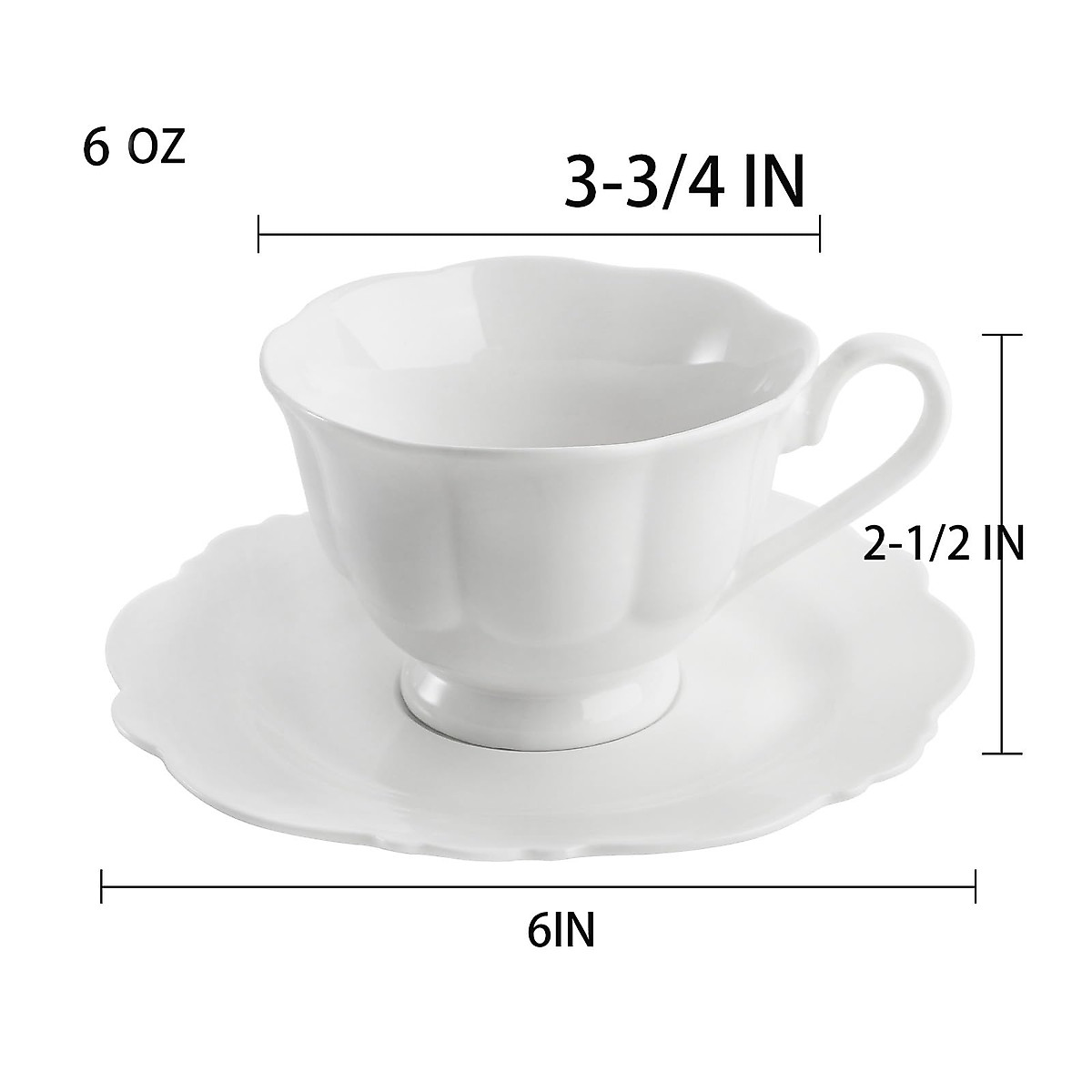 Jucoan Set of 6 Porcelain Tea Cups and Saucers, Bone China Tea Cup Set, 6 oz White Porcelain Tea Set, Coffee Cups, Espresso Cups for Latte Tea, British Tea Cups Gifts for Wedding Birthday