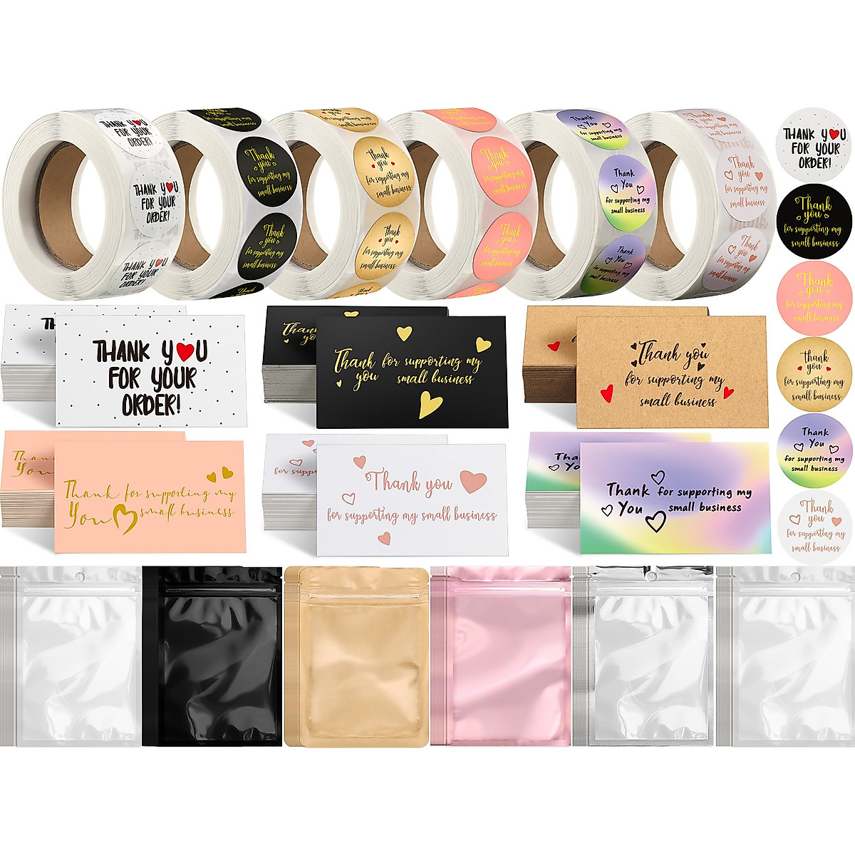 3420 Pcs Thank You Small Business Packaging Supplies Set Thank You Label Stickers Thank You for Supporting My Small Business Cards Resealable Packaging Bag Suitable for Packaging Small Business