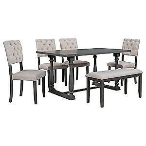 KLMM Retro Dining Room Set, 6-Piece Kitchen Dining Table Set with Special-Shaped Legs and Foam-Covered Seat Backs&Cushions,6-Person Configuration for Family Use (Gray+Retro3)