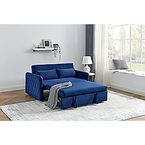 HomSof 2 Pillows and Living Room Adjustable Backrest, Grid Design Armrests 55" Modern Convertible 2 Detachable Arm Pockets, Velvet Loveseat Sofa with Pull Out Bed, Style B, Blue
