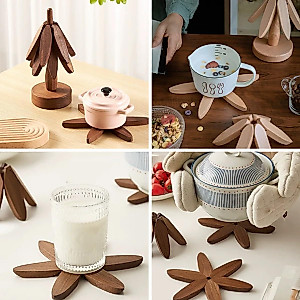 Generic Wooden Tree Coaster，Wooden Tree Coaster for Hot Dishes,Tree Shape,Trivets for Hot Dishes,3 Wooden Trivet + 1 Stand (Brown)