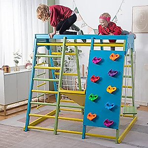 Avenlur Magnolia Indoor Playground 6-in-1 Jungle Gym Montessori Waldorf Style Wooden Climber Playset Slide, Rock Climbing Wall, Rope Wall Climber, Monkey Bars, Swing for Toddlers, Children Kids 2-6yrs