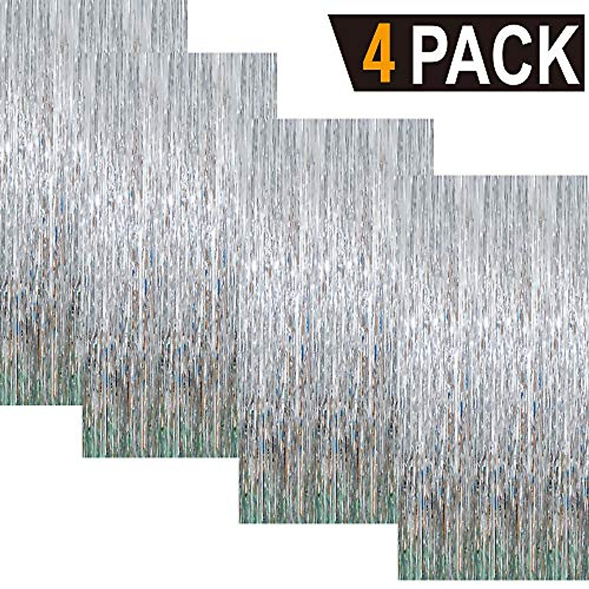 GOER 3.2 ft x 9.8 ft Metallic Tinsel Foil Fringe Curtains Party Photo Backdrop Party Streamers for Birthday,Graduation,New Year Eve Decorations Wedding Decor (4 Packs,Silver)
