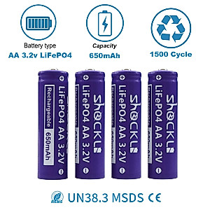 funkawa 4 Pack- Shockli AA 3.2V LiFePo4 650mAh Battery, AA 3.2V Solar Rechargeable Batteries - Ideal for Solar Garden Light