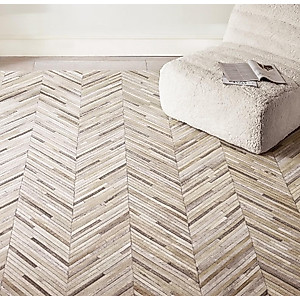 ECLATIQUE RUG Premium Rectangular Rug Cowhide Leather Stylish Non Slip Chevron Patchwork Area Rug for Bedroom and Home Décor Accent Floor Carpet (Beige-10 x 14 ft)