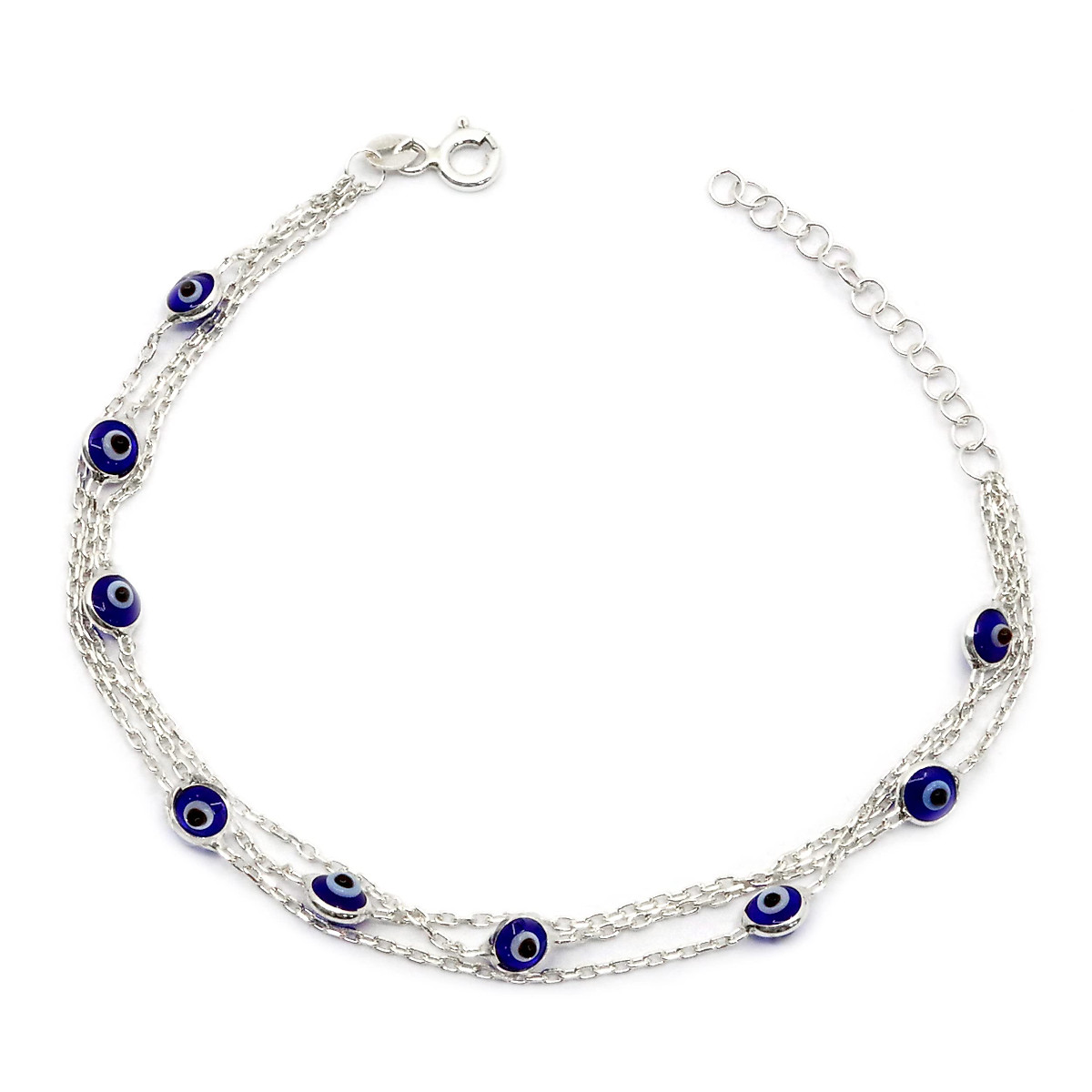 Evil Eye Bracelets 925 Sterling Silver - Triple Chain Protection Blue Ojo Turco Bracelet for Women - Womens Dainty Boho Jewelry - Kabbalah Lucky Amulet - Adjustable Size 6-8 (Blue)