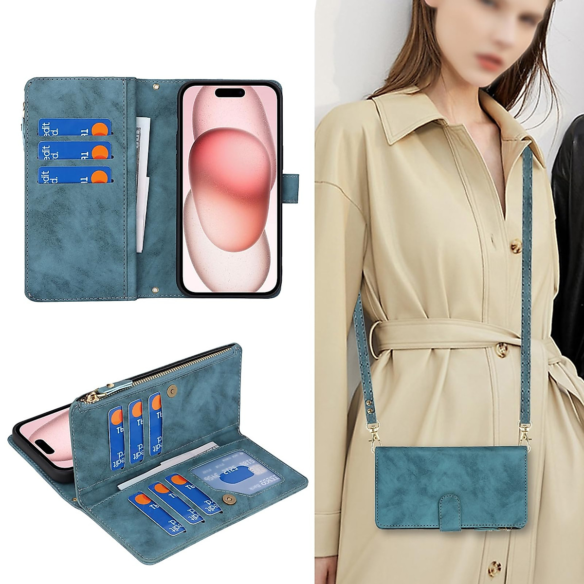 Jaorty Crossbody Phone Case for iPhone 15 with Strap,Shoulder Lanyard,for iPhone 15 Wallet Case for Women with Card Holder,Zipper Pocket Magnetic Flip Leather Protective Case,6.1" Blue