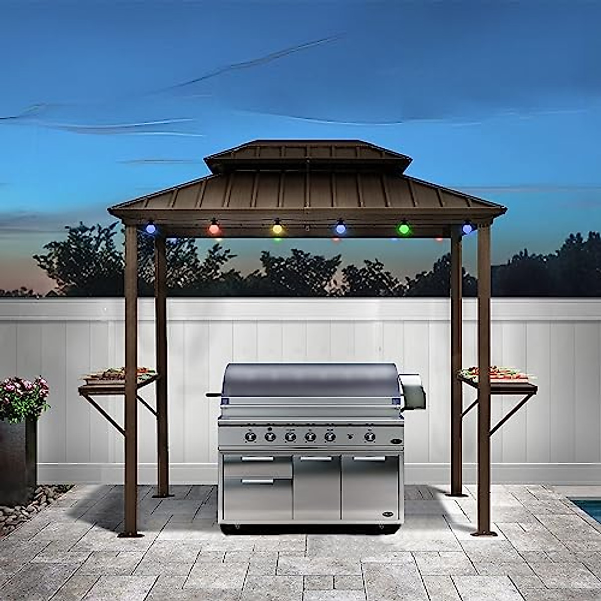 PURPLE LEAF Hardtop Grill Gazebo 6' X 8' for Patio Permanent Metal Roof Barbeque Gazebo with 2 Side Shelves Aluminum Garden Outside Sun Shade Outdoor BBQ Canopy with 12 Led Multicolor String Lights