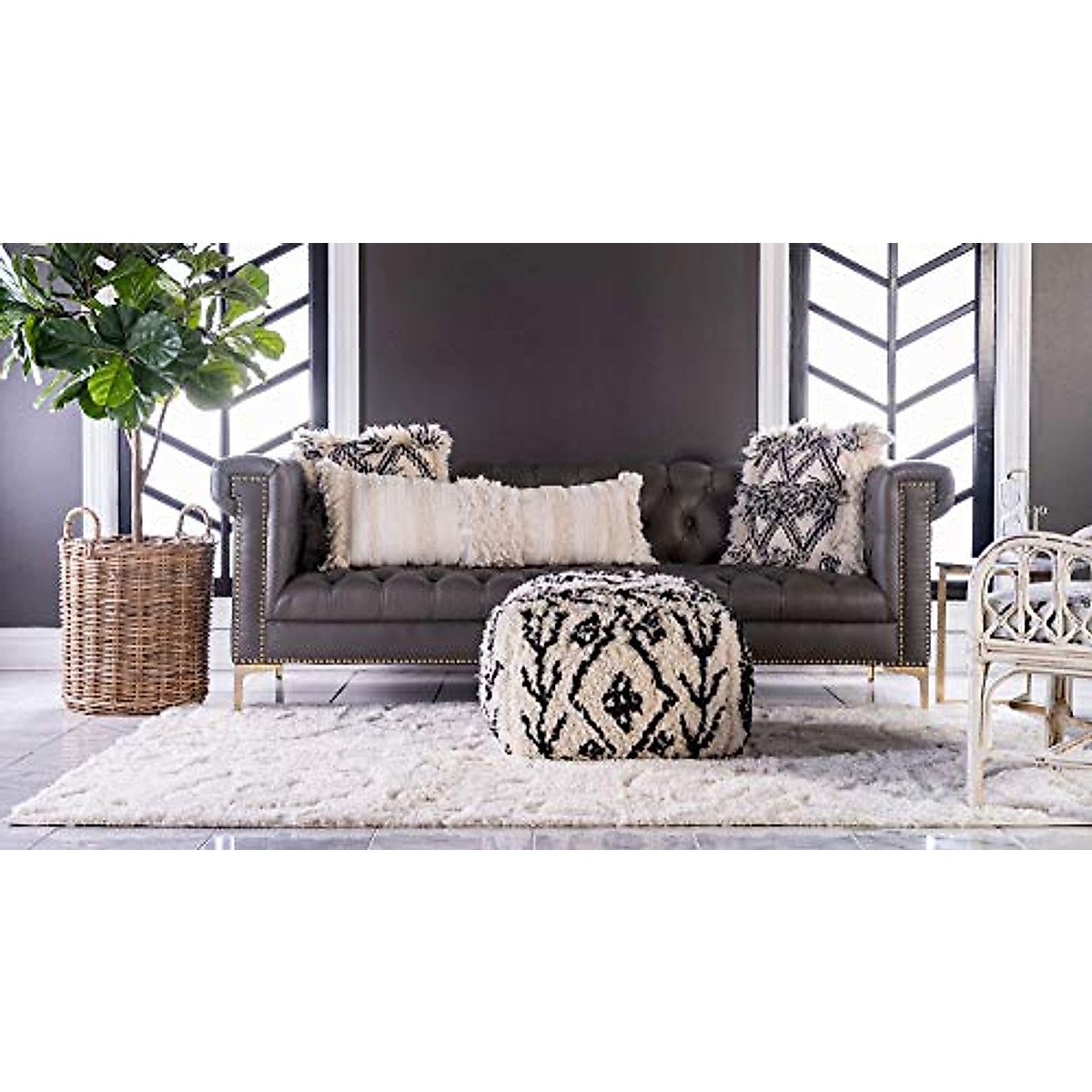 Unique Loom Shag Collection Modern Soft & Plush Textures with Floral Vine Design Area Rug, 5 ft x 8 ft, Ivory
