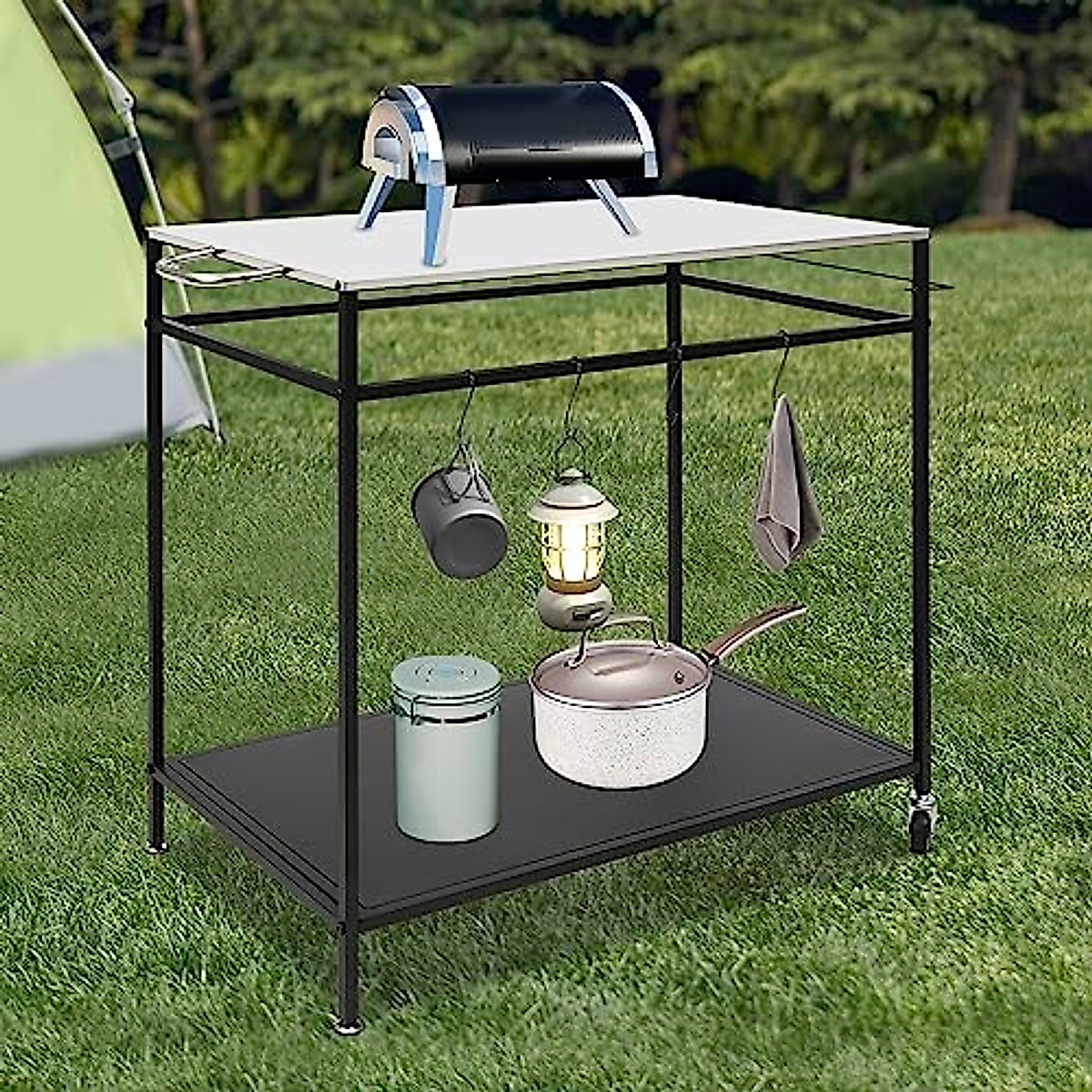 CNCEST Outdoor Grill Cart, Double-Shelf Movable Cooking Table, Outdoor Dining Cart with Storage and on Wheels, Stainless Steel Tray Kitchen BBQ Food Prep Table for Grill,Dining Cart Table-Silvery