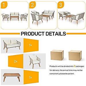 Outvita Patio Furniture 4pcs Outdoor Conversation Sofa Set with Gray Sofa&White Cushion Coffee Table, Loveseat and Single Chair for Backyard Garden Terrace Balcony