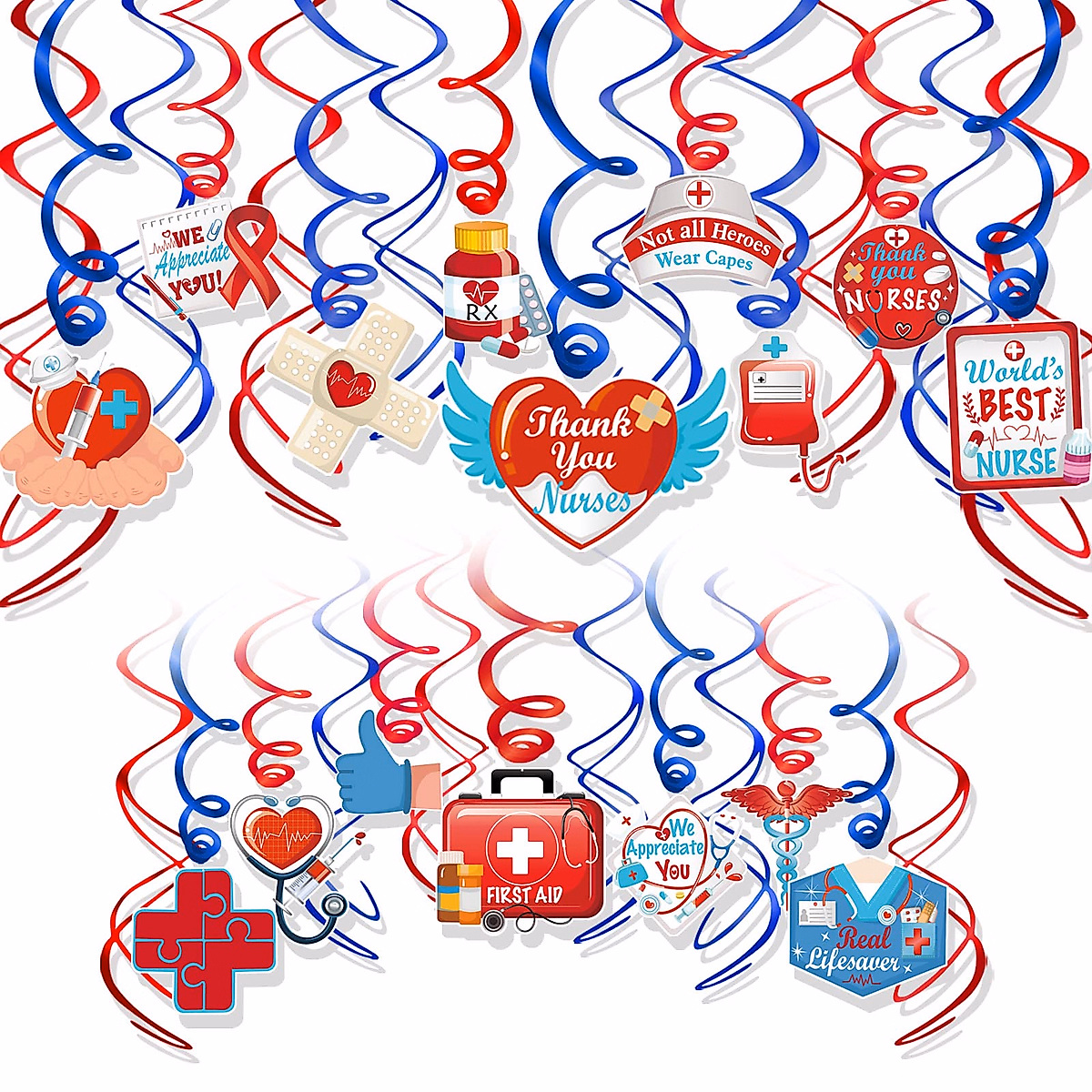HOWAF Thank You Nurses Decoration Hanging Swirls - 30 Pieces Red and Blue Nurse Appreciation Week Party Decor - Medical Party, RN Party, Nurse Day, Happy Nurses Week Decorations