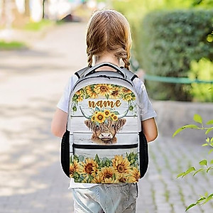 PAKKITOP Personalized Highland Cow Backpack for Teen Girls Women, 16" Casual Backpack for School, Custom Sunflower Print Large Capacity Lightweight Bookbag for Students