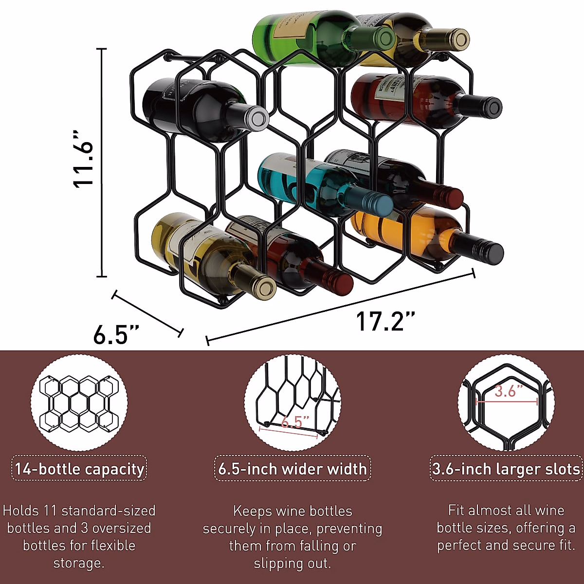 Buruis Countertop Wine Rack, 14-Bottle Modern Freestanding Metal Holder for Red and White Wine, Tabletop, Kitchen, Bar, and Cabinet Storage (Black)