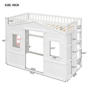 Merax Twin Size Wood Loft Bed, House Bed Frame with Ladder and Safety Guardrails for Kids, No Box Spring Needed, White