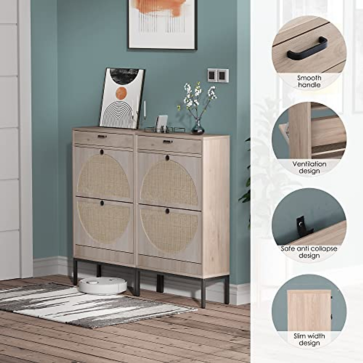 Brafab Shoe Storage Cabinet with 2 Flip Drawers&1 Small Drawer, Slim Entryway Shoe Organizer with Half Round Woven Rattan Doors for Sneakers…