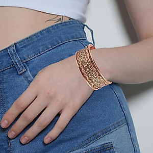 Touchstone handcrafted copper bracelet. Hand forged with solid and high gauge Tibetan style engraved cuff pure copper jewelry for women men. Beautiful embossed design.