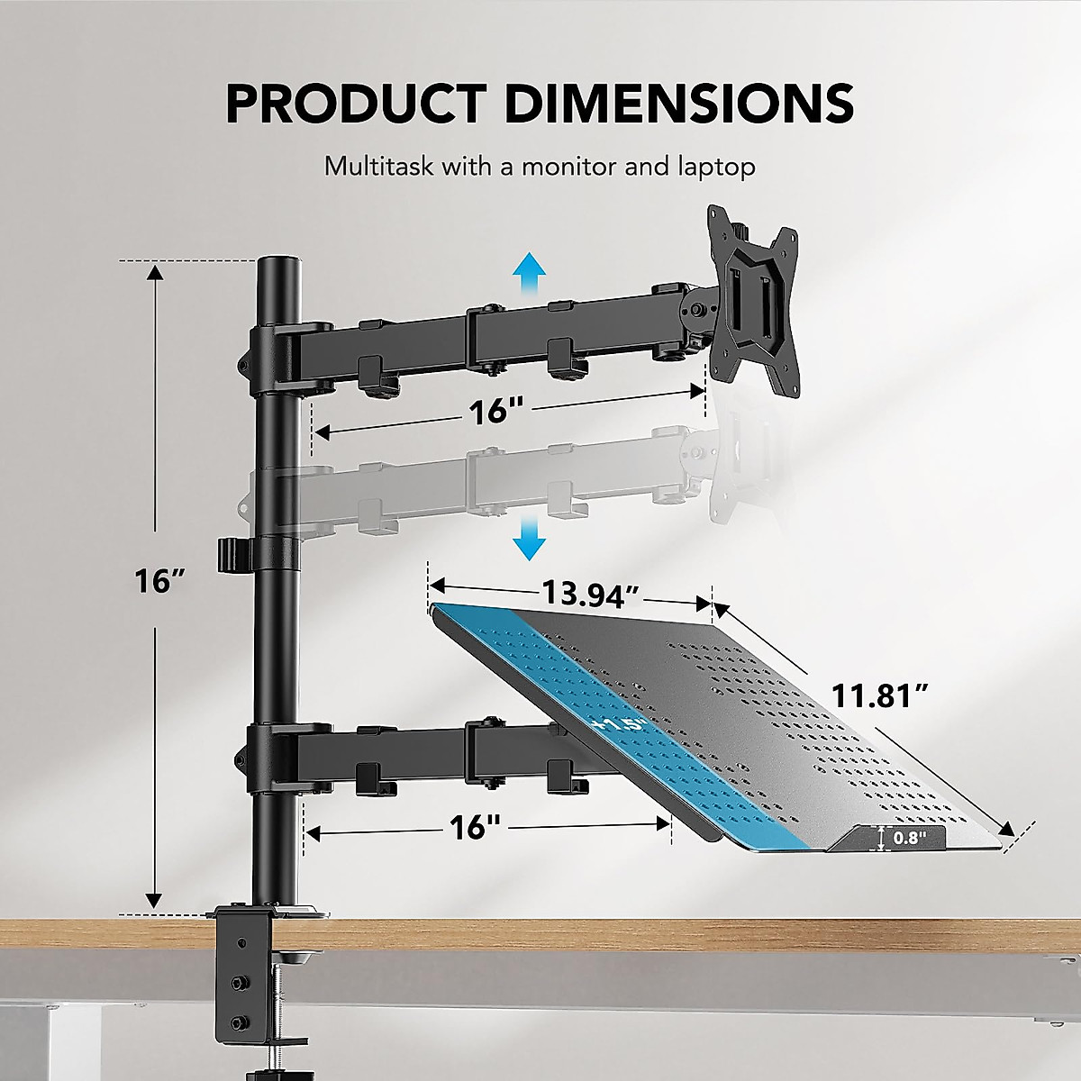 HUANUO Laptop Monitor Mount with Tray for 13- 27 inch, Fully Adjustable Laptop Notebook Desk Mount Stand up to 17 inch, Weight up to 22lbs, Extension with Clamp and Grommet Mounting Base