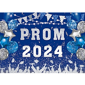 INRUI Prom 2024 Photography Background Blue and Silvery 2024 Prom Night Banner Glitter Balloons Flags Graduation Prom Party Decorations Backdrop (7x5FT)