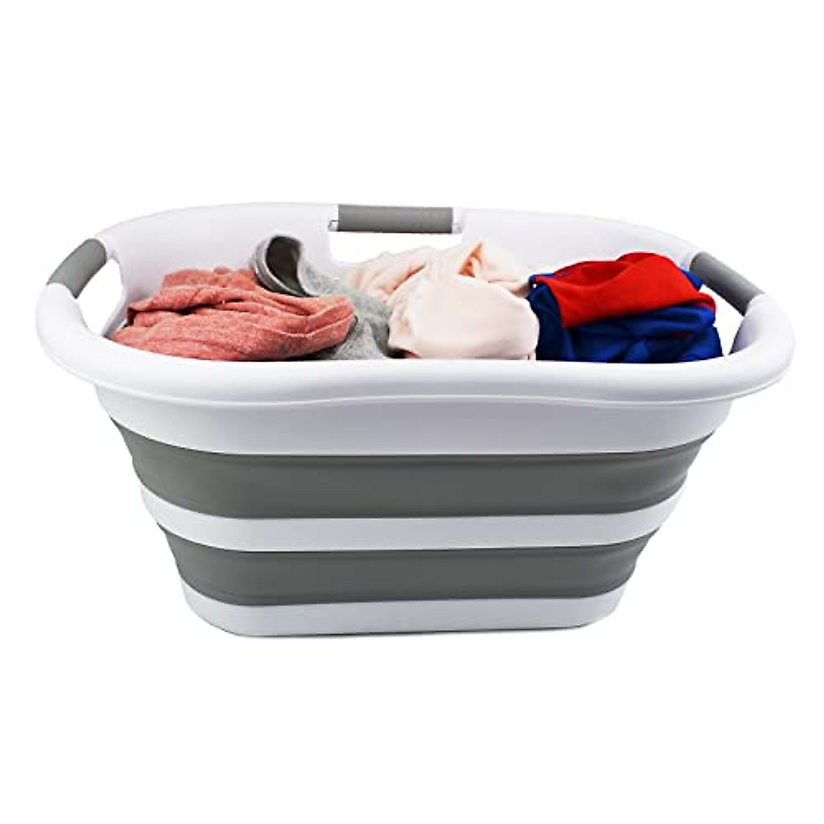 SAMMART 30L (7.9 gallon) Collapsible Plastic Laundry Basket - Foldable Pop Up Storage Container/Organizer - Portable Washing Tub - Space Saving Hamper/Basket (1, White/Grey)