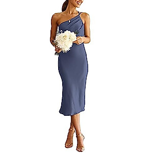 PRETTYGARDEN Women's Midi Satin Dress One Shoulder Spaghetti Strap Backless Ruched Summer Bodycon Dresses (Dark Grey Blue,Small)