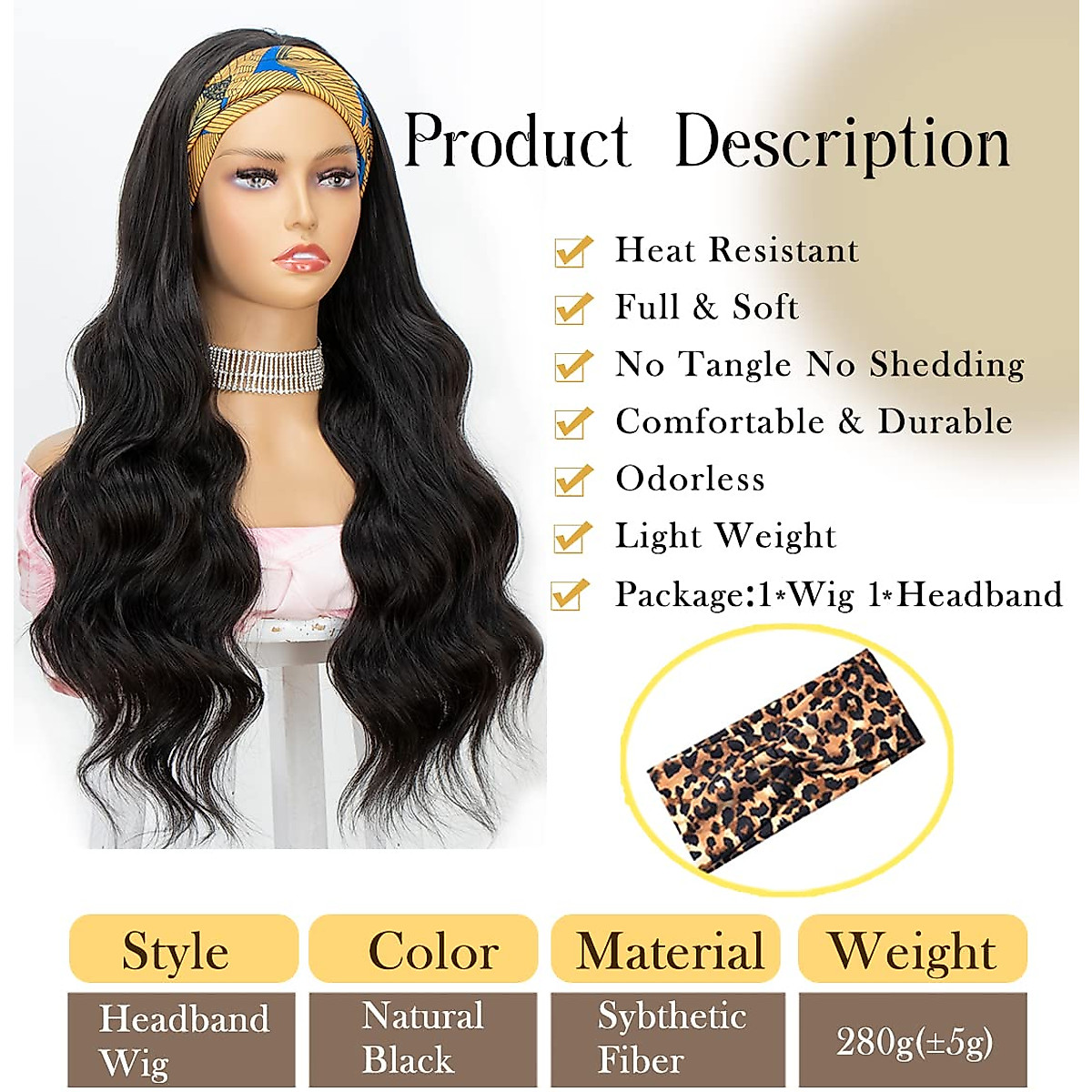 Body Wave Headband Wig Synthetic Natural Color Long Wavy Wig for Black Women Glueless Wig with Headband Attached 180% Density Heat Friendly 22 inch