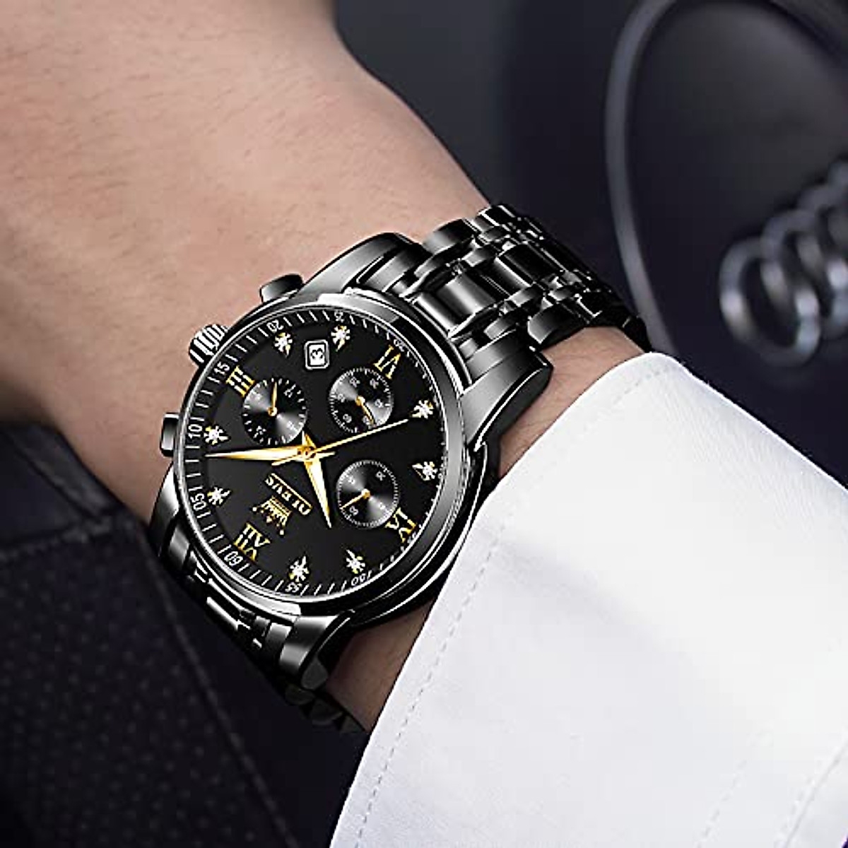 OLEVS Men Watches with Date Bussiness Watches for Male Luminous Quartz Mens Watches Waterproof with Stainless Steel Strap Stopwatch Timing Function (Black Band Black dial)