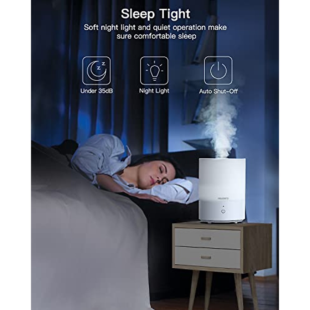 Cool Mist Humidifier for Bedroom, MORENTO Top Fill Humidifier Essential Oil Diffuser with 2.5L Water Tank for Home and Office, Baby and Plants with Night Light, Sleep Mode, Auto Shut Off, White