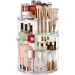 360 Rotating Makeup Organizer - Adjustable Shelf Height and Fully Rotatable. The Perfect Cosmetic Organizer for Bedroom Dresser or Vanity Countertop. (Clear)