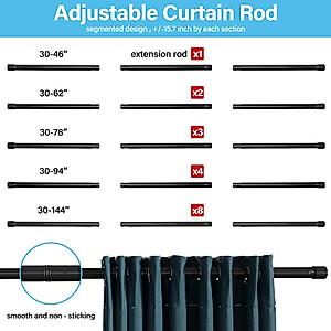 Curtain Rods for Windows 30 to 62 Inch, 1 Inch Black Curtain Rod Set, Stainless Steel Heavy Duty Drapery Rods with Adjustable Brackets for Room Divider, Bedroom, Living room, Kitchen, Bathroom, Black
