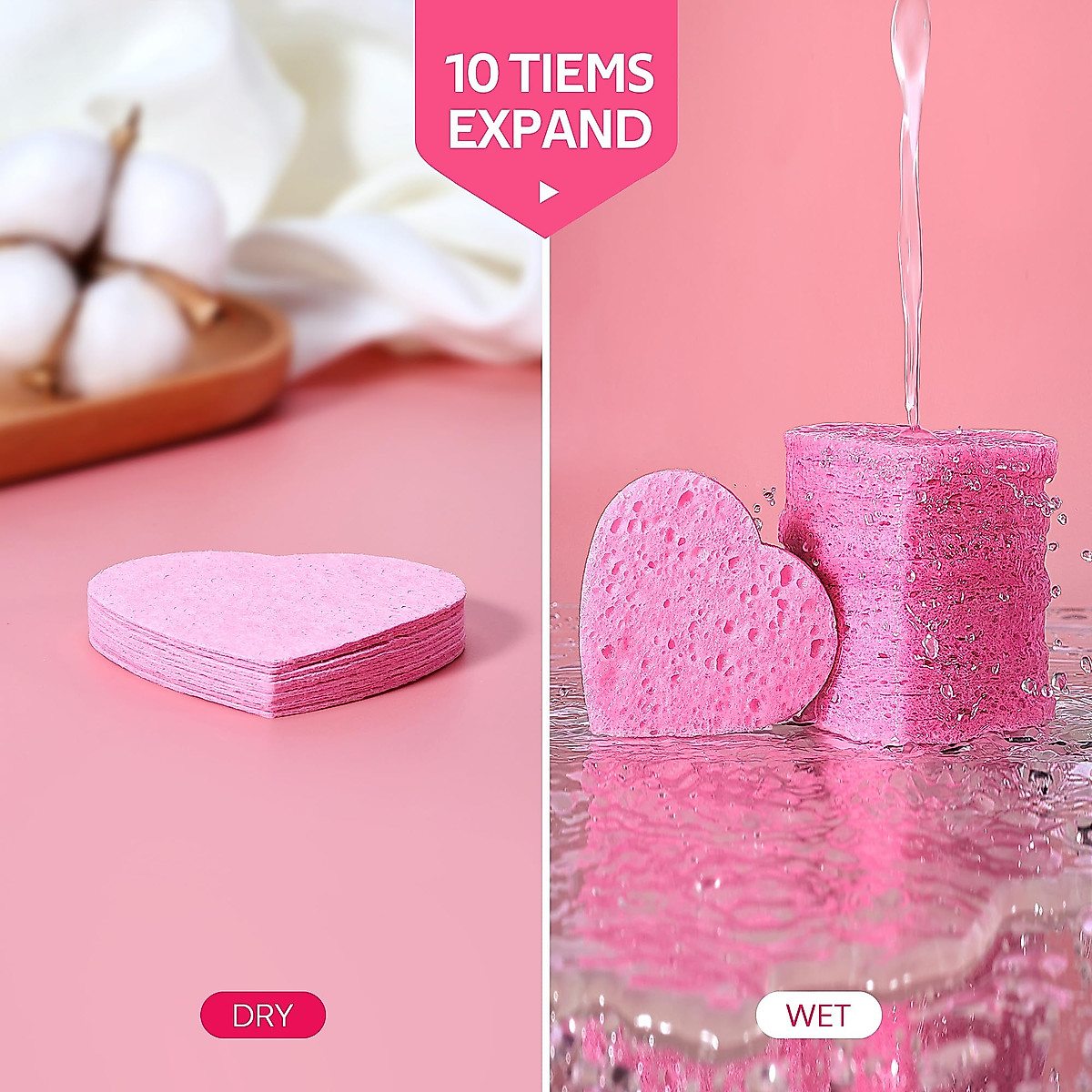 GAINWELL 50-Count Heart Shape Compressed Facial Sponges for Daily Facial Cleansing and Exfoliating, 100％ Natural Cosmetic Spa Sponges for Makeup Remover