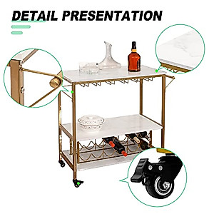 AZL1 Life Concept Bar Serving Cart Bottle Storage and Wine Glass Rack-Faux Marble and Gold