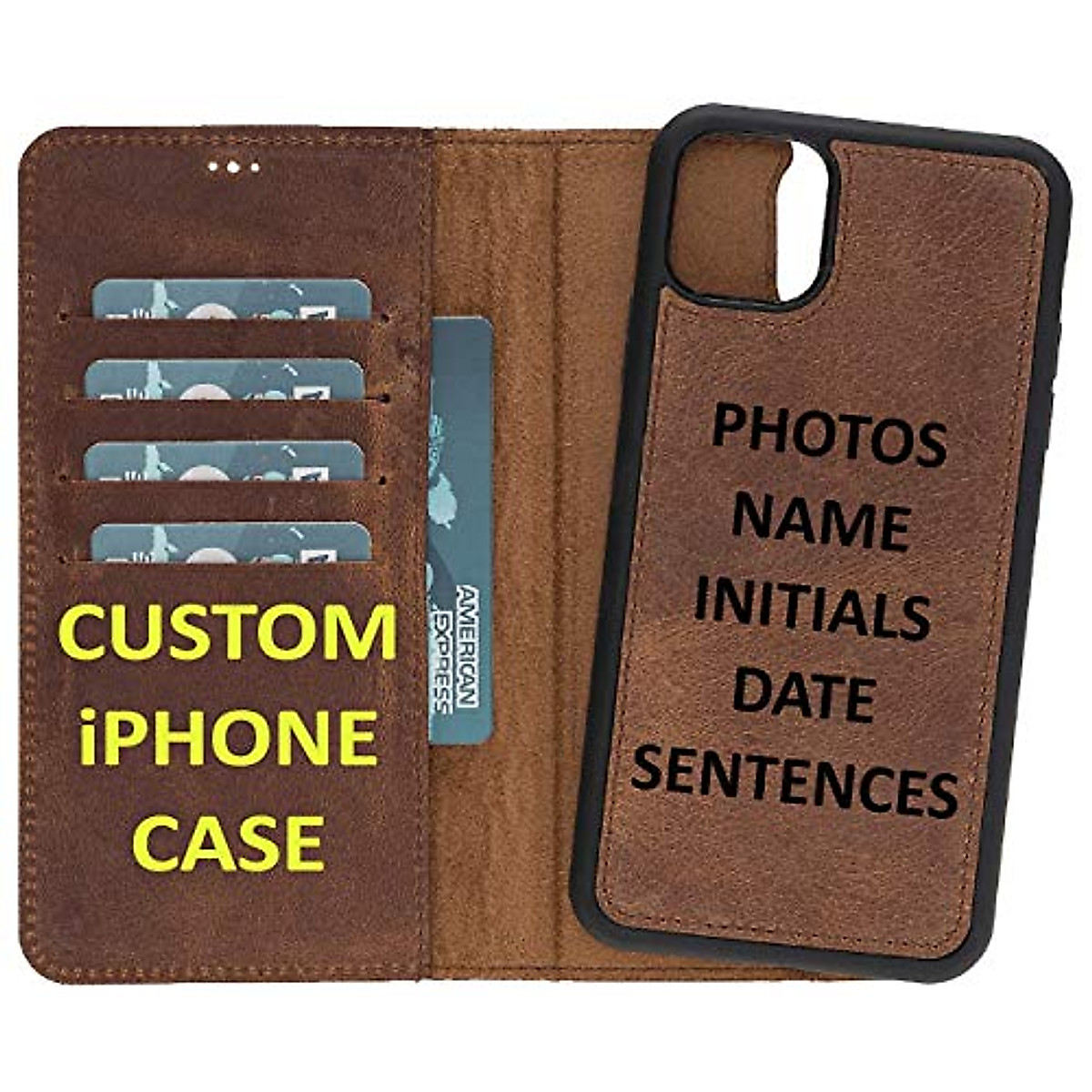 Custom compatible with iPhone 12 Pro Wallet Case Magnetic Detachable, Genuine Leather, 12, 12 Pro, 12 Pro MAX, 12 Mini, compatible with iPhone 11, 11 Pro, 11 Pro MAX, Handmade Genuine Leather