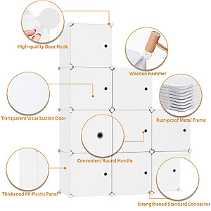 C&AHOME Cube Storage Organizer with Doors, 9-Cube Shelf, Closet Cabinet, DIY Plastic Modular Bookshelf, Storage Shelves Ideal for Bedroom,Living Room,36.6”L x 12.4”W x 36.6”H Milky USHS3009M-DOOR