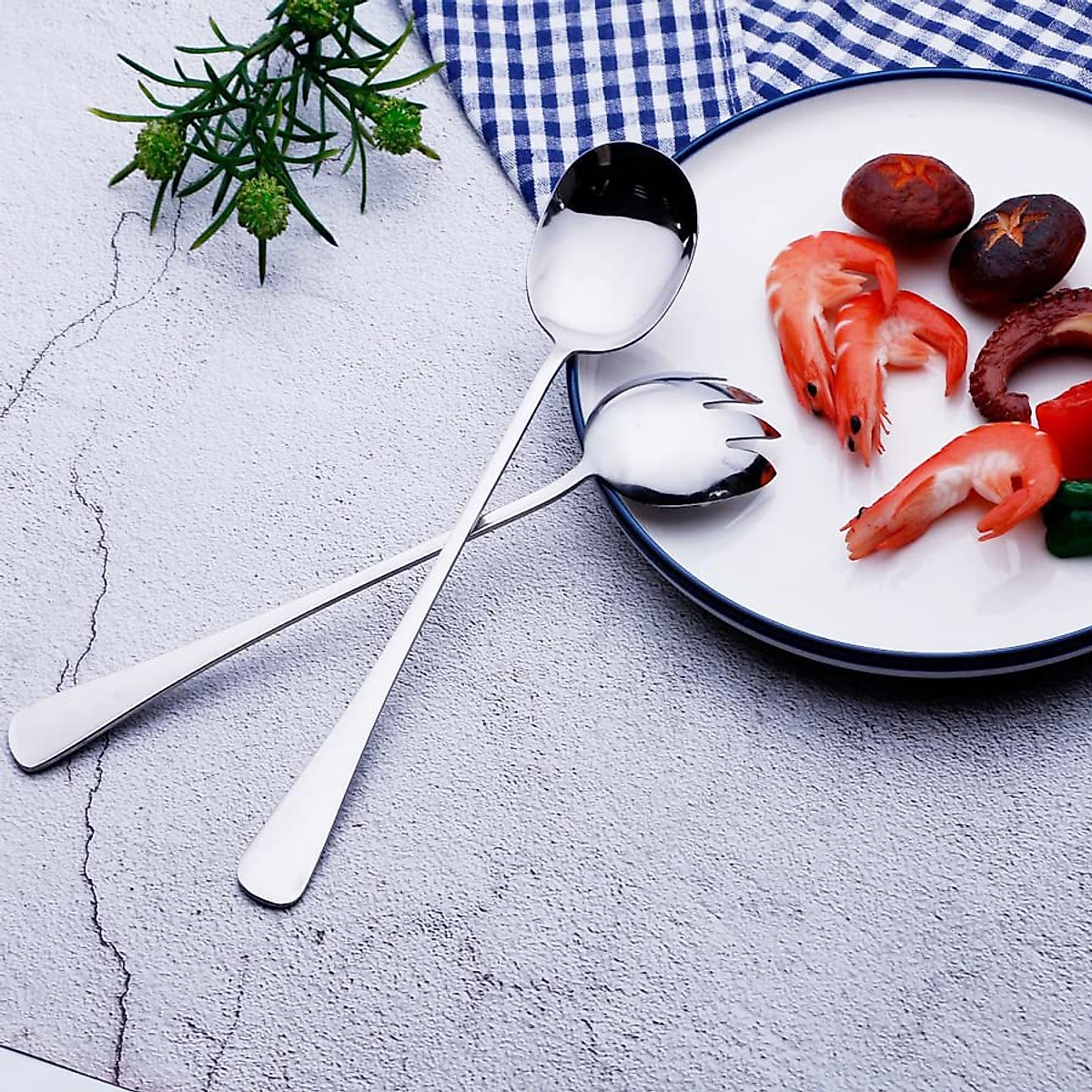 ARFUKA Salad Servers Salad Serving Sets Stainless Steel 11" Buffet Salad Spoon and Salad Fork Dishwasher Safe Large Metal Serving Utensils Silver, Set of 3