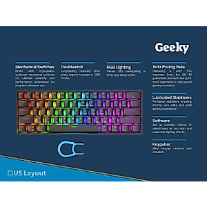 Geeky GK61 SE 60% | Mechanical Gaming Keyboard | 61 Keys Multi Color RGB LED Backlit for PC/Mac Gamer | ANSI US American Layout (Black, Mechanical Brown)