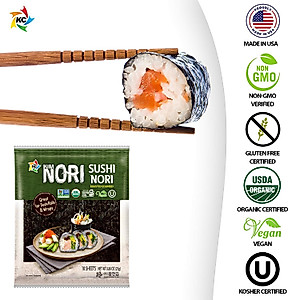 KIMNORI Sushi Nori Seaweed Sheets – 10 Full Size USDA Organic Yaki Roasted Rolls Wraps Snack 100% Natural Laver Gluten Free No MSG Non GMO Vegan Kosher 25 Gram 0.88 Ounce 김 のり 海苔 紫菜