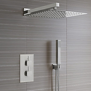 Voolan All Metal Shower Head with Extension Arm, Stainless Steel Waterfall Rainfall Showerheads, High Flow Bathroom Square Rain Shower Head (12’’ Shower Head with 16’’ Shower Arm, Brushed Nickel)