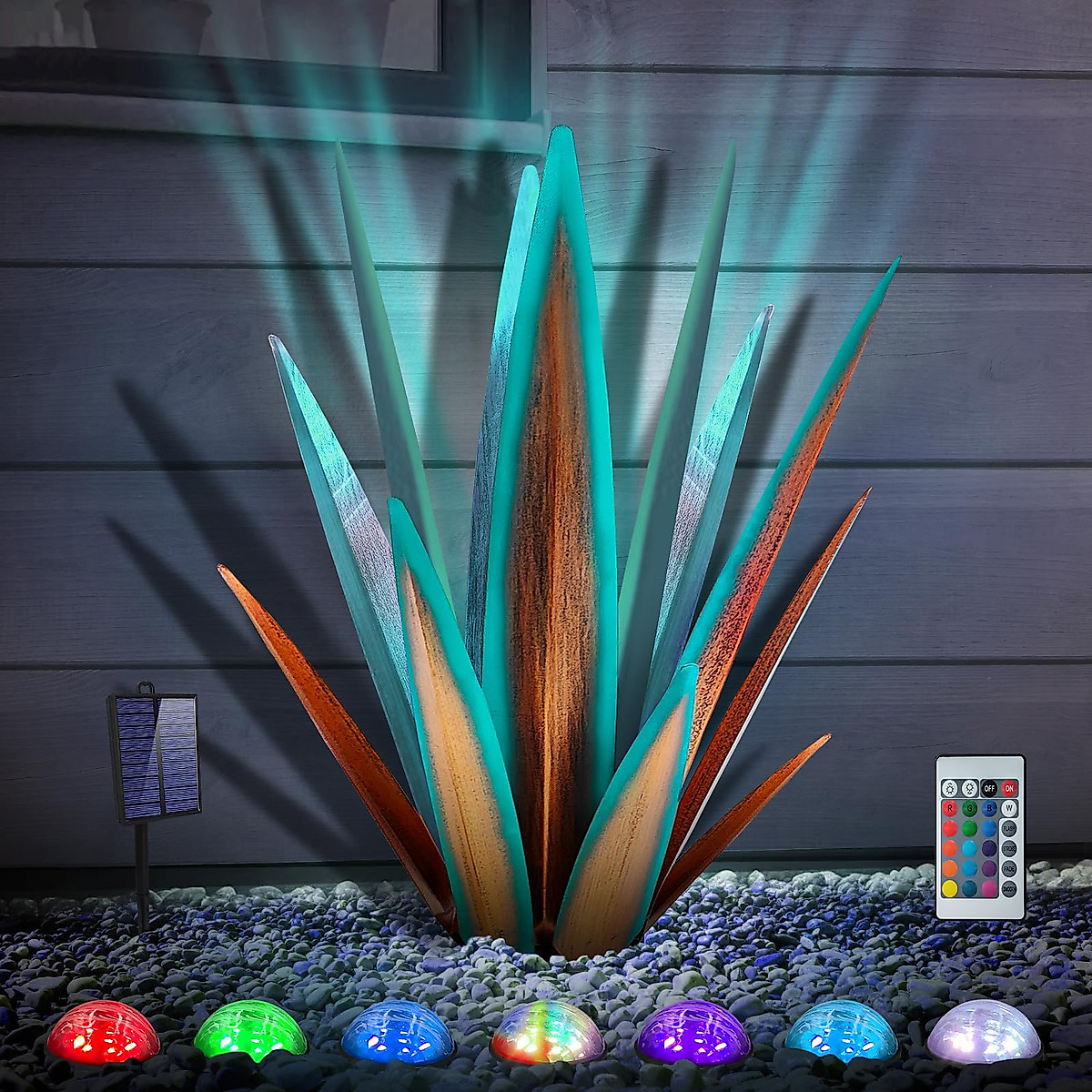 KODIBO Large Tequila Rustic Sculpture, Rustic Metal Agave Plants for Outdoor Patio Yard, Home Decor Hand Painted Metal Agave Garden Yard Statue, Outdoor Lawn Ornaments (Blue - L (W/Solar Light))