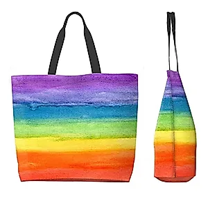 YUMQSEOS Kitchen Reusable Grocery Bags Large Tote Bag Reusable Casual Handbag for Lunch Travel Shopping - Colorful Striped Rainbow