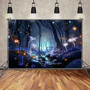 MOONDECO Photography Backdrop 7x5ft Butterfly Blue Forest Birthday Photo Booth Background Children Party Props Fire Fly Lamp Light Rock Decorations