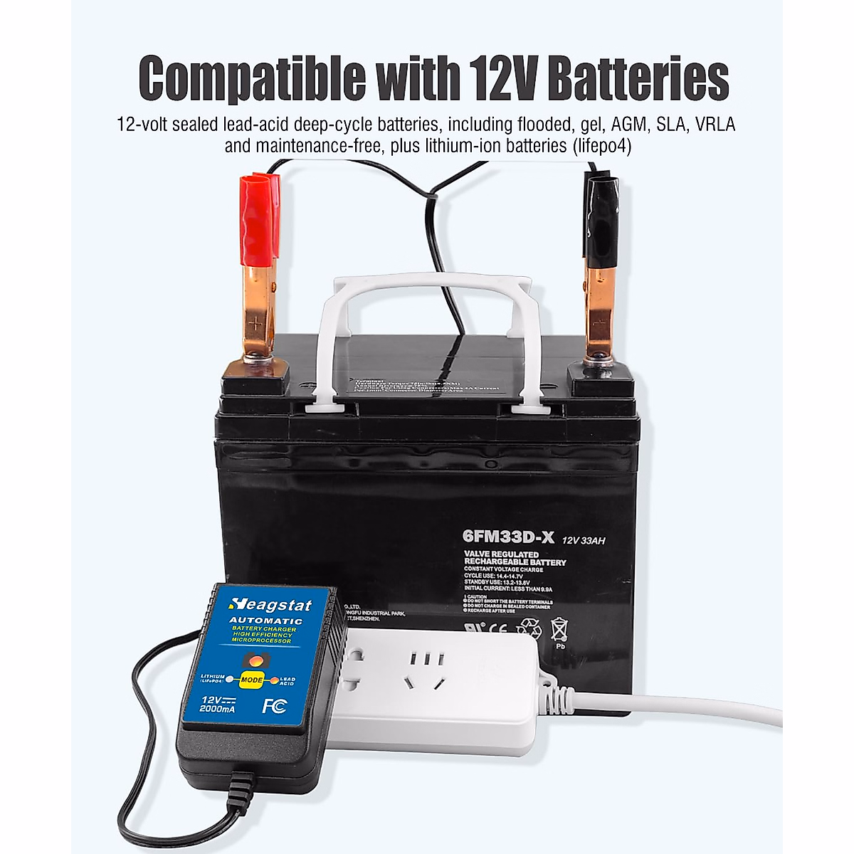 Heagstat Battery Charger, 12V 2-Amp Fully-Automatic Smart Trickle Charger and Maintainer for Car Motorcycle Lawn Mower Boat ATV Lead-Acid and Lithium(LiFePO4) More