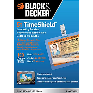 Black + Decker TimeShield Thermal Laminating Pouches, ID Badge with Clips, 5 mil - 100 Pack of Horizontal Badges (LAMID5-100)
