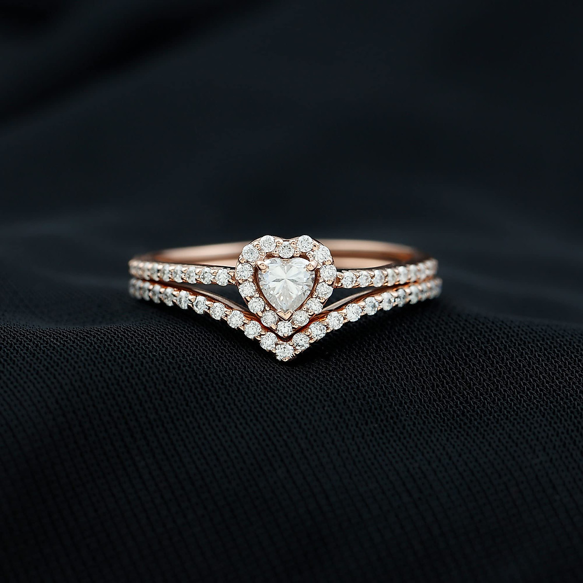 1.25 CT Moissanite Bridal Ring Set, D-VS1 Quality, Heart Shape Moissanite Wedding Ring Set, 14K Rose Gold, Size:US 10.00
