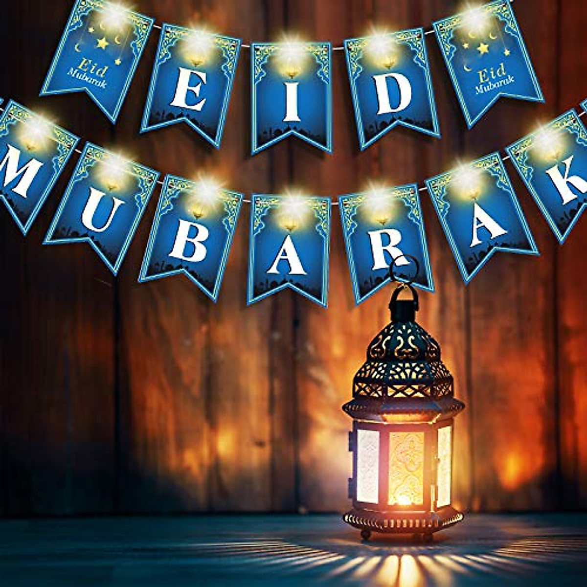Eid Mubarak Paper Banner Eid Mubarak Bunting Banner with Led Fairy String Light 3 Flicker Modes, Eid Celebration Hanging Garland Decoration for Muslim Ramadan Party Supplies, No DIY Required (Blue)