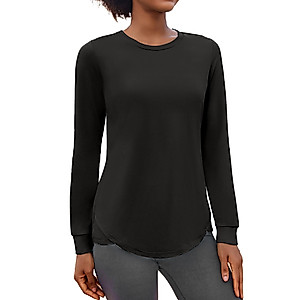 PINSPARK Long Sleeve Workout Tops for Women Yoga Shirts Crewneck Athletic Gym Running Sport Casual T-Shirt Black X-Large