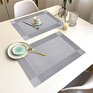 Uolr Table Mats Set of 6 Grey Washable& Wipeable Plastic Placemats for Kitchen Indoor Outdoor Heat Resistant Non Slip Woven Vinyl Table Placemats Protect Dining Table Silver Place mats (Grey)